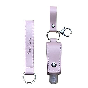 PUEZOKLY Pink keychain Gift Set for Woman Car keys with Card Holder PU Wristlet Lanyard Pom Pom Ball,Travel Bottle Holder