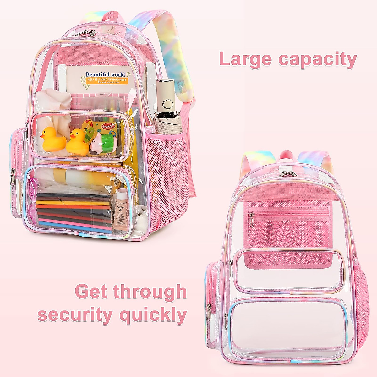 CAMTOP Clear Backpack Heavy Duty PVC Transparent Bag See Through BookBag for Student School Work Festival Sport Travel(Pink Yellow)