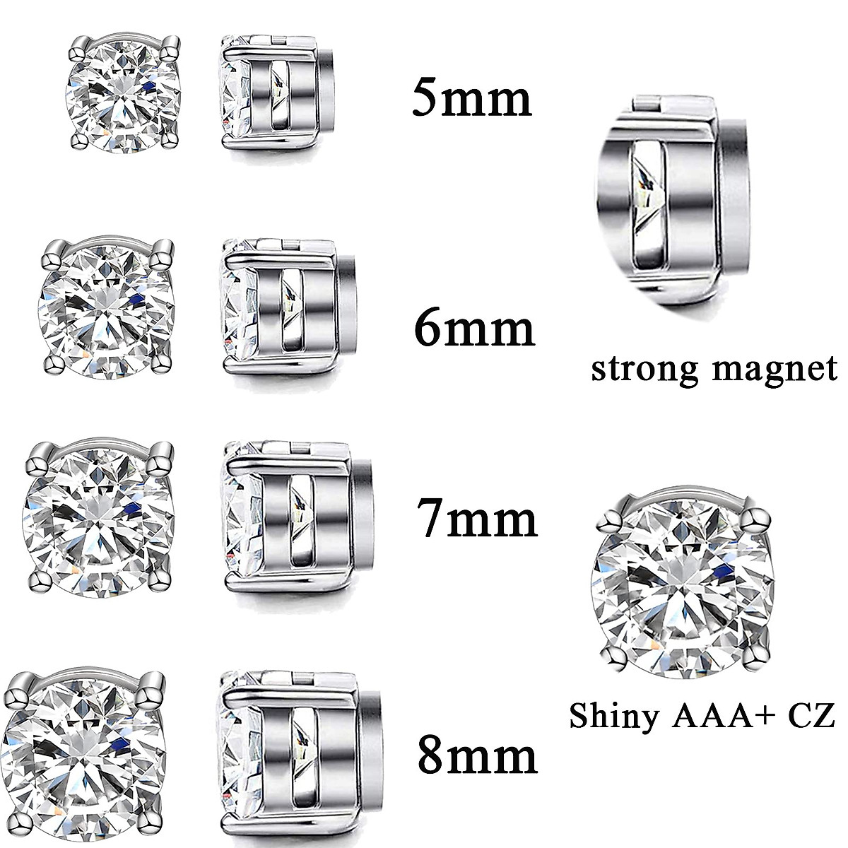WAINIS 8 Pairs Stainless Steel Magnetic Stud Earrings for Men Women Non-piercing CZ Hypoallergenic Earrings 5-8mm