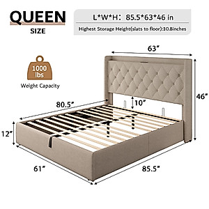 iPormis Queen Size Lift Up Storage Bed Frame with Charging Station, Upholstered Platform Bed Frame with Tufted Headboard, Hydraulic Storage, No Box Spring Needed, Noise-Free, Easy Assembly, Beige