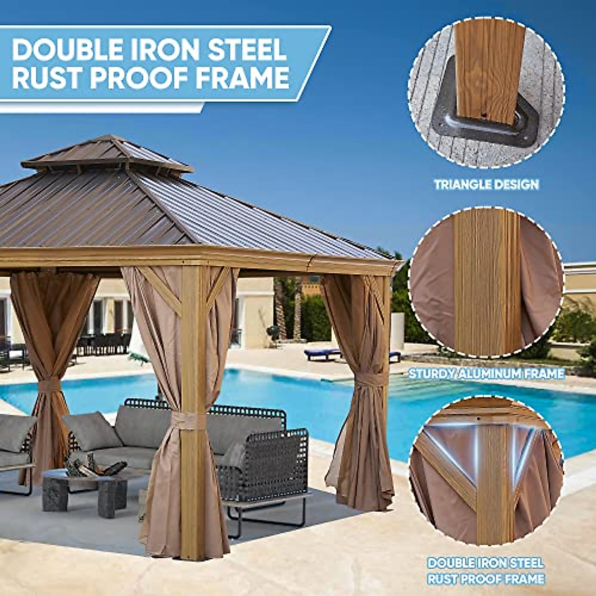 12 * 12FT Hardtop Gazebo Pavilion Aluminum Frame with Galvanized Steel Canopy Outdoor Permanent Gazebo with Netting and Curtains Deck Backyard Heavy Duty Sunshade Large Metal Patio Gazebo, Brown