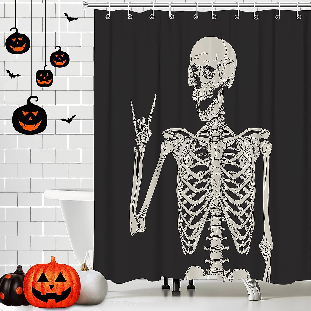 JOOCAR Rock and Roll Skull Skeleton Bone Love Music Vintage Shower Curtain Waterproof Sugar Candy Skull Day of Dead On Black Backdrop Bath Room Shower Curtain with 12 Hooks