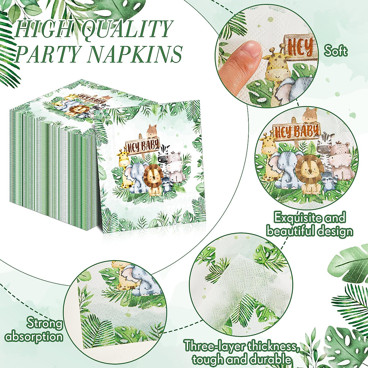 Yeaqee 100 Pcs Safari Baby Shower Napkins Jungle Animal Sage Green Paper Napkins 3 Ply Greenery Jungle Baby Shower Disposable Napkins for Animal Theme Birthday Party Supplies