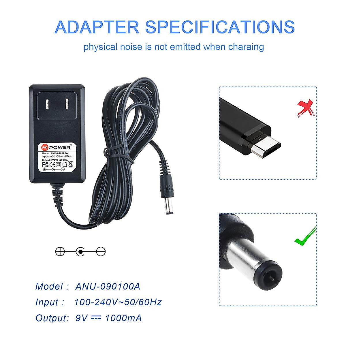 PK Power PW-CT-9V DC Power Adapter –Minimize Need to Change Batteries on Pedalboard and Other Devices Requiring 9V – 1000mA Max Current – Center Negative with 6.6FT Cord Power Supply