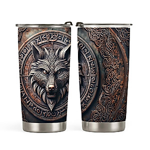 20oz Viking Celtic Warrior Wolf Tumbler, Norse Mythology, Viking Gifts for Men, Coffee Thermos for Men, Stainless Steel Double Wall Vacuum Insulated Coffee Mug, Travel Cup with Lid