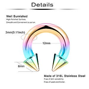 Ftovosyo PA Ring Internally Threaded Spike Circular Barbells Horseshoe Rainbow Large Septum Ring Ear Gauges Earrings 8G 3mm 12mm 1/2" Surgical Steel Pierced Body Jewelry for Women Men