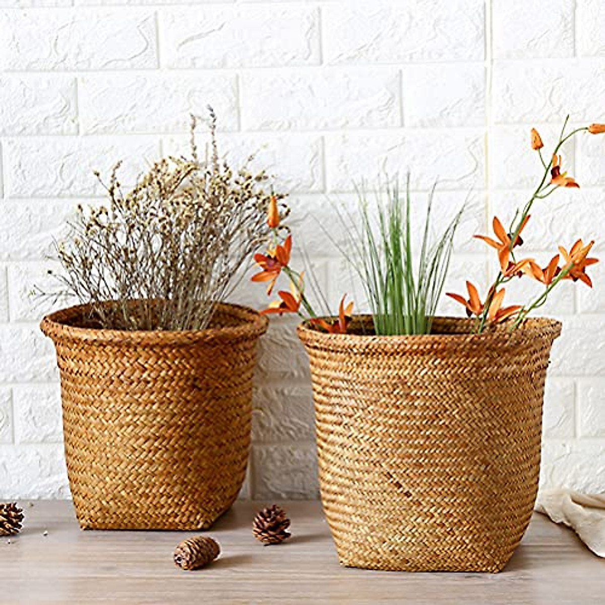 Toyvian 1Pc Straw Woven Storage Basket, Round Rattan Waste Basket Decorative Round Trash can for Bedroom Desktop Coffee (28cm)