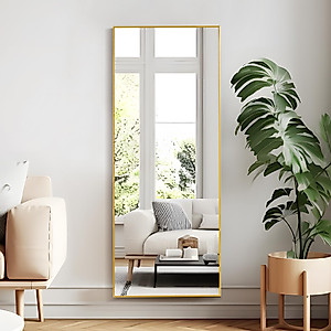 self Full Length Floor Mirror 43"x16" Large Rectangle Wall Mirror Hanging or Leaning Against Wall for Bedroom, Dressing and Wall-Mounted Thin Frame Mirror - Gold, 43" x 16" (USAM004)