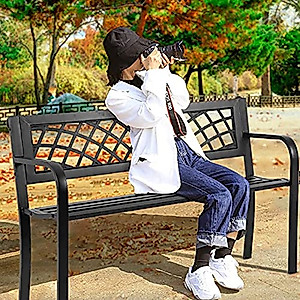 Qxznby Garden Bench Outdoor Bench Cast Iron Bench,Metal Outdoor Bench with Armrests,Outdoor Benches Clearance Sturdy Steel Frame Front Porch Bench for Park Yard Lawn Deck Entryway(Black)