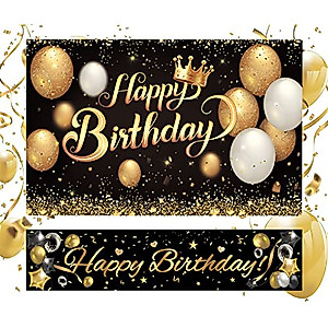 Happy Birthday Backdrop Banner 2 Pieces Large Black and Gold Happy Birthday Sign Birthday Photography Supplies Indoor Outdoor Birthday Party Decorations for Children Men Women Celebration
