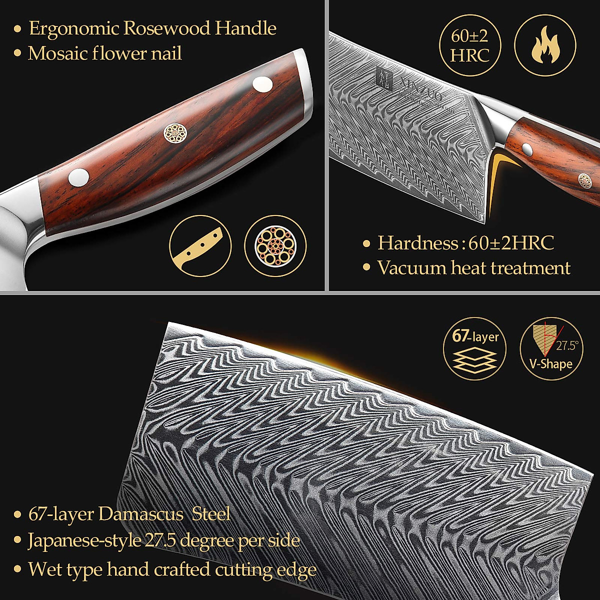 XINZUO Damascus Steel 7 Inch Cleaver Knife, Professional Butcher Knife Sharp Chinese Chef Knife Chopping Knife Kitchen Knife Vegetable, Ergonomic Rosewood Handle-Yi Series