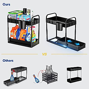 KPHALTH Under Sink Organizer Adjustable Height Under Sink Organizers and Storage 2-Tier Under Cabinet Storage Bathroom Organizer Sliding Drawer with Hooks Hanging Cup Kitchen Storage (Black-2 Pack)