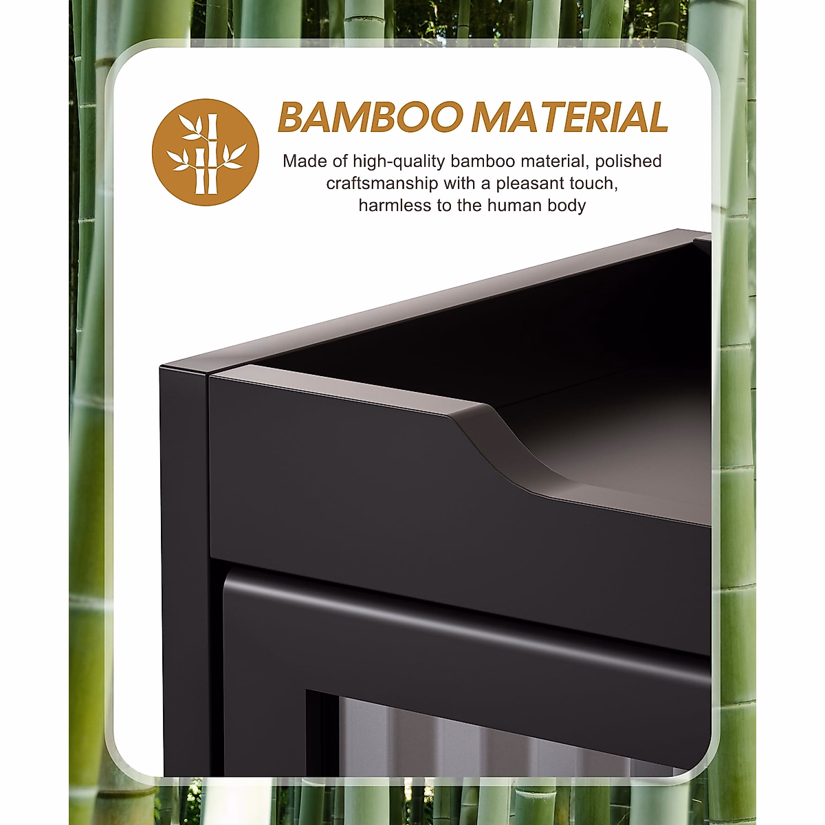 Cozivolife Over The Toilet Storage Cabinet,Bamboo Bathroom Organizer Rack with Lid and 2 Hooks,Space Saver Shelf for Bathroom,No Drilling Design Wall Mounted (Black, L)