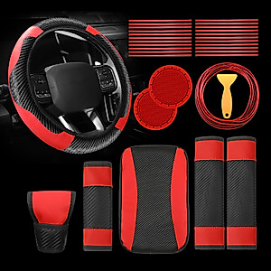 Riakrum 30 Pcs Car Accessories Set Red and Black PU Leather Steering Wheel Cover Auto Interior Accessories Gift Car Vent Trim Strips Air Conditioner Insert Strips with Installation Tool