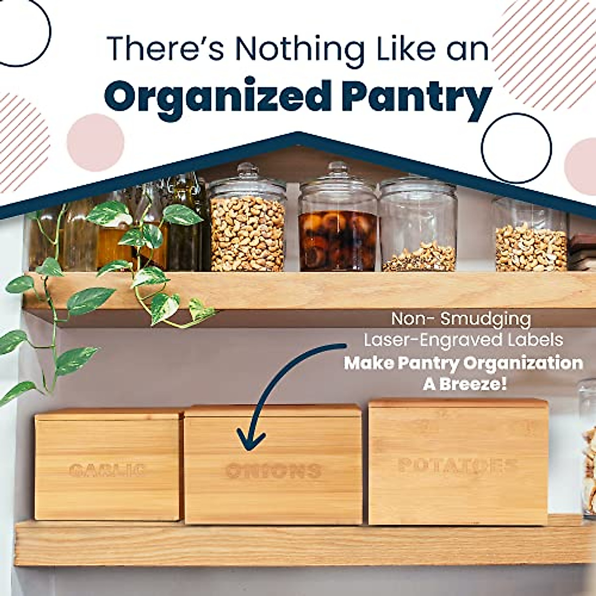 LandHome Onion and Potato Storage Bins (3 Pcs) - Stackable Bamboo Vegetable Containers, Engraved Garlic Pantry Canister, Farmhouse Kitchen Accessories