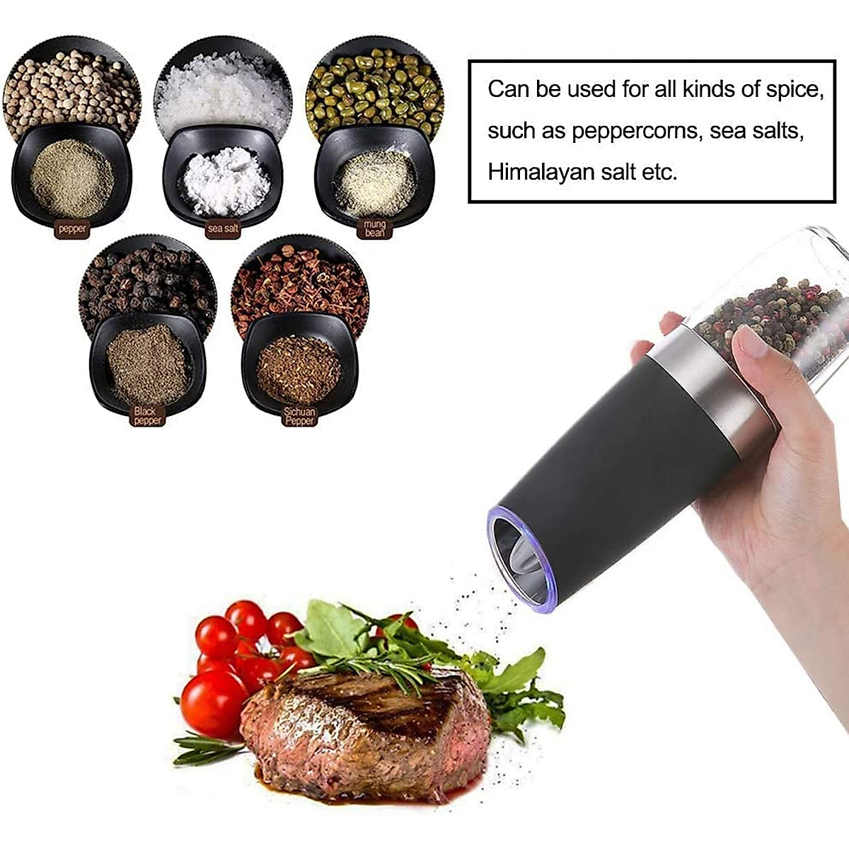Gravity Electric Salt and Pepper Grinder Set, Automatic Pepper and Salt Mill Grinder Battery-Operated with Adjustable Coarseness, LED Light, One Hand Operated By Rongyuxuan