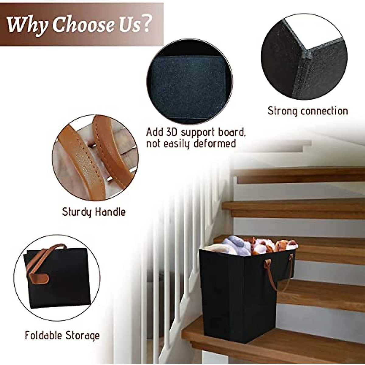 2 Pack Stair Basket with Handle, Foldable L-Shape Felt Storage Basket with 4 Pcs Supporting Insert for Carpeted Stairs, Large Staircase Organizer with Handle for Toys, Laundry, Household Items (Black)