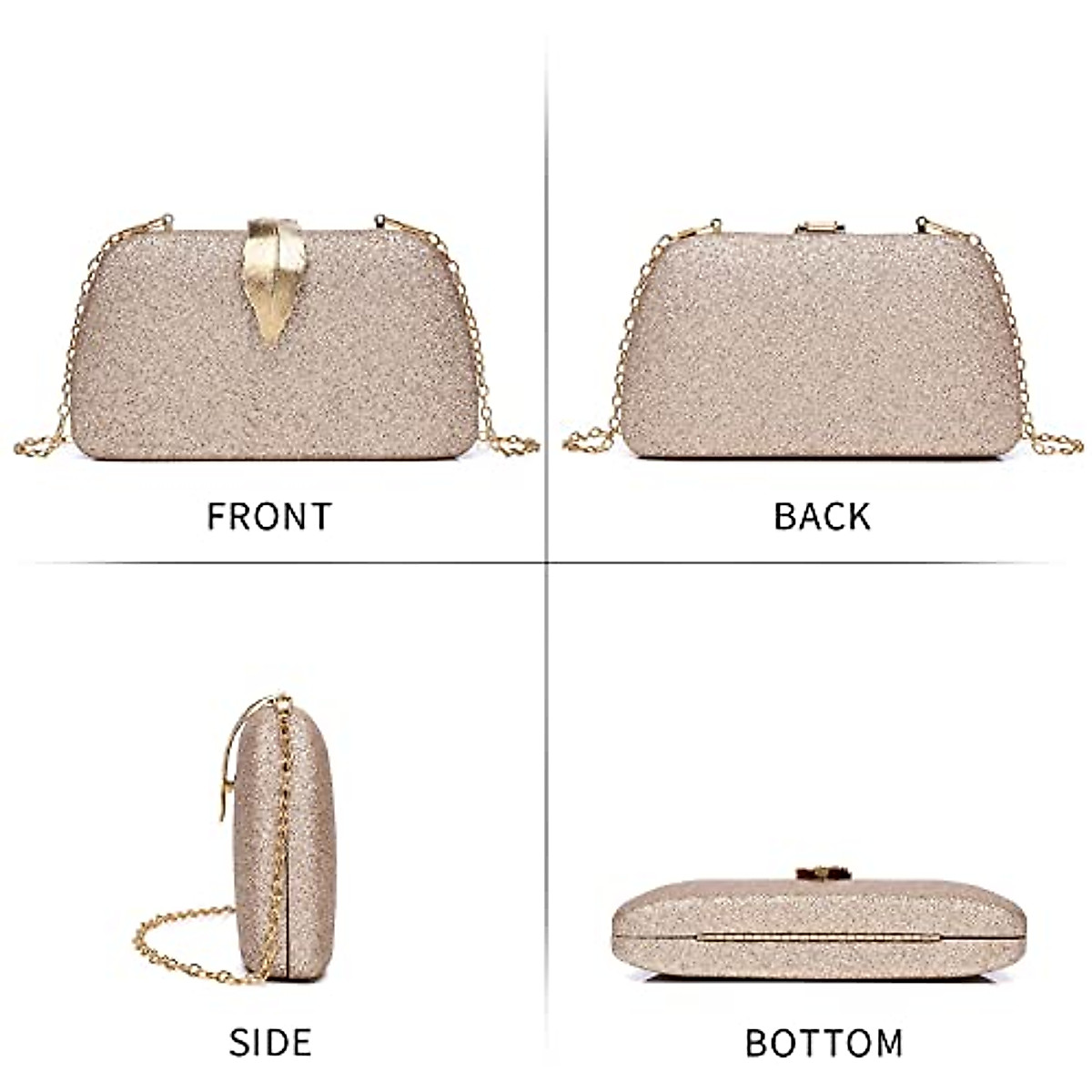 LOXOMU Evening Clutch Purses for Women, Small Glitter Wedding Purse, Wedding Clutches Handbags with Detachable Chain for Prom, Party (Gold Shimmer)