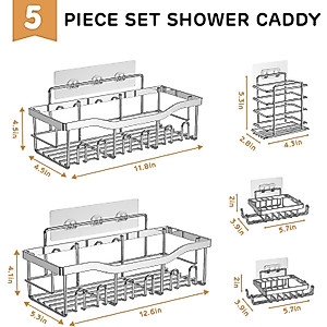 XIWAMA Shower Organizer No Drilling, 5 Pack Rustproof Stainless Steel Shower Shelves, Thickened Shower Caddy with Soap Holder and Hooks, Large Capacity Shower Shelf for Bathroom and Kitchen (Silver)