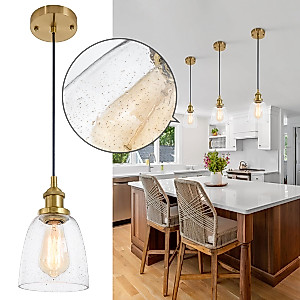 IMPIOIO Gold Pendant Light Seeded Art Glass Shade Mini Modern Hanging Light Fixture for Dining Roon, Over Sink, Hallway, Foyer