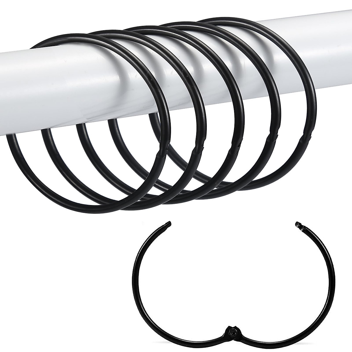 Shower Curtain Hooks, 12 Pcs Shower Curtain Rings, Round Snap Black Shower Curtain Rings, Decorative Metal Rustproof Shower Curtain Rings, Glide Smoothly Shower Rings for Curtain (Black)