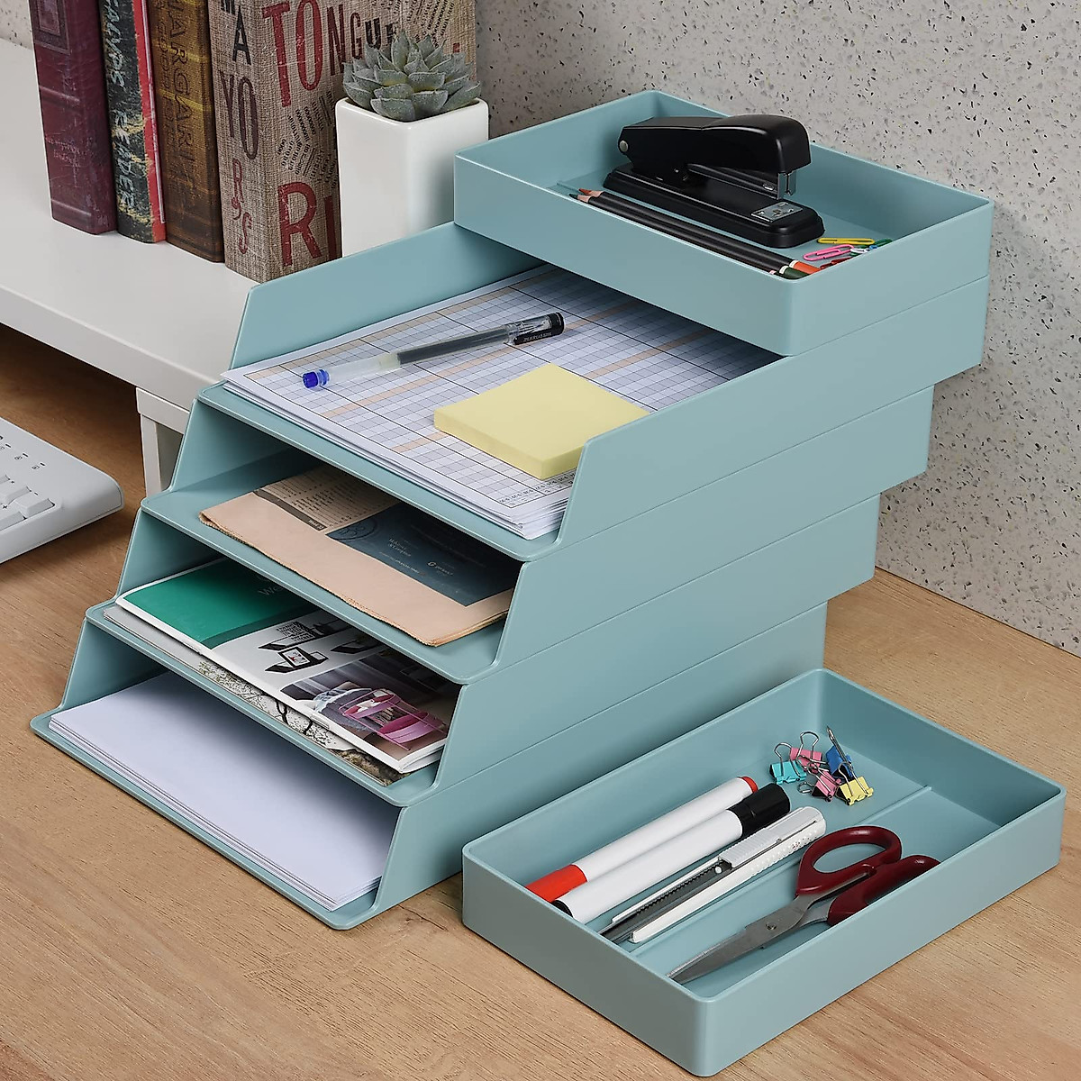 4 Tier Stackable Letter Tray File Organizer, Desktop Document File Tray Paper Sorter Organizer, Blue A4 Paper Organizer Tray for Home, Office, School