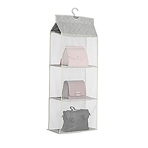 iEventStar 3 Grids Pockets Hanging Bag Handbag Purse Storage Organizer Holder for Wardrobe Closet Hanging Shelves (Beige, 3 Grids)