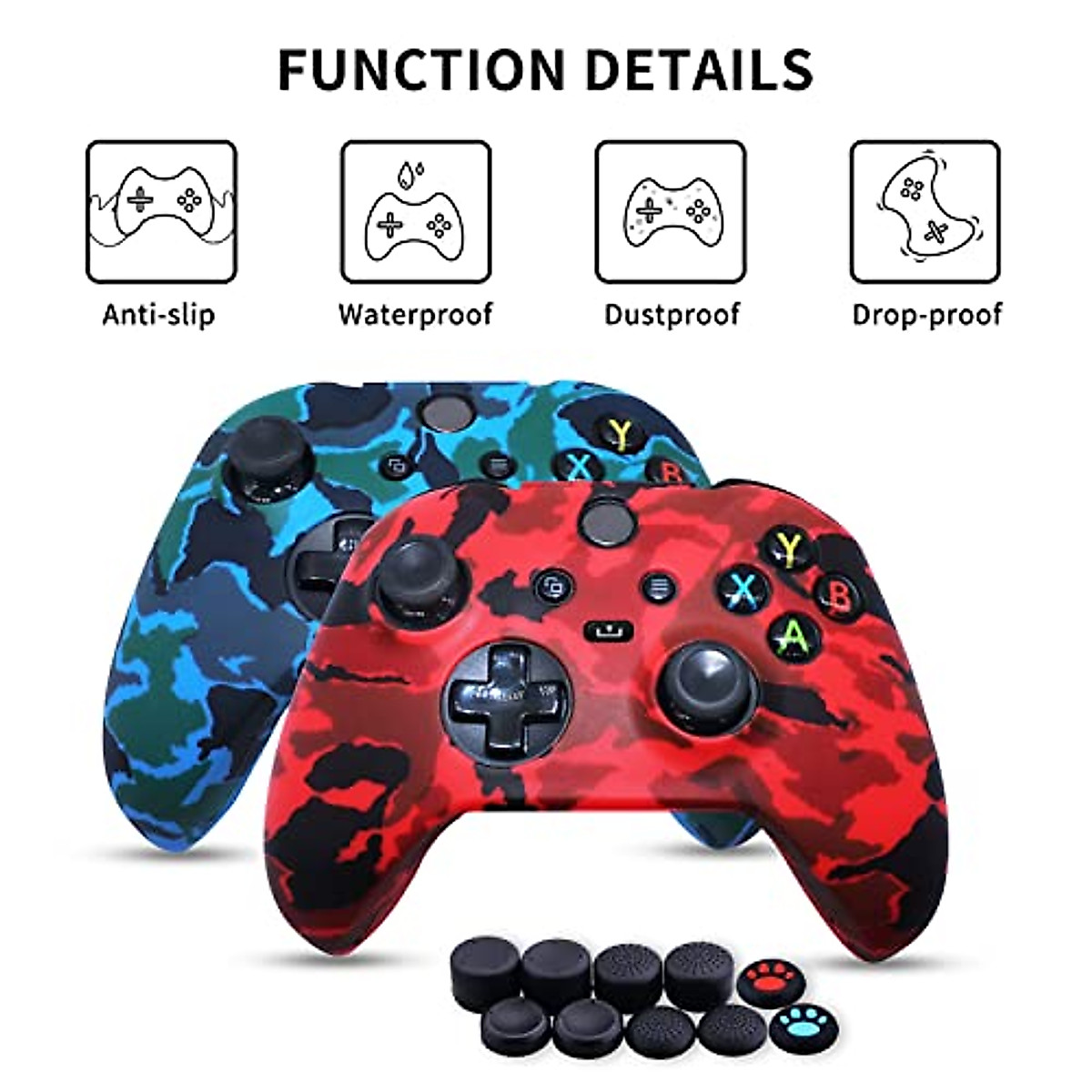 [2 Pack] Jusy Compatible with Xbox Series X/S Controller Soft Silicone Cover Skin, Sweat-Proof Dust-Proof Anti-Slip Case Cover Protective Accessories Set, with 10 Thumb Grips (Red+Blue)