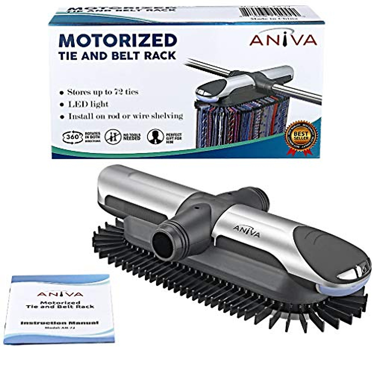 Aniva Motorized Tie Rack Best Closet Organizer with LED Lights, Automatic Rotation Operates with Batteries (72 Ties)