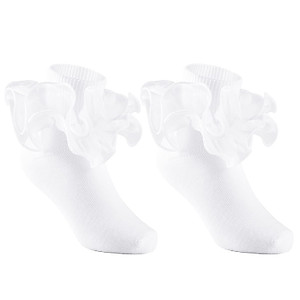 Yepami 3 Pairs Girls Ruffle Socks Big Double Lace Frilly Trim Dress Socks (White, Small, 2_years)