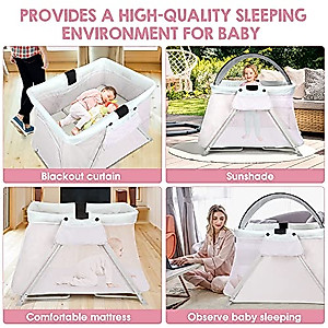 Portable Playard with Bassinet Insert for Babies Activity Indoor Outdoor Onasti Playpen with UPF Sunshade Folding Compact for Family Travel Beach Light Grey Themed