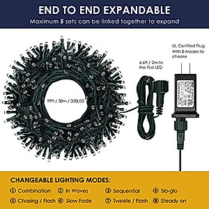 XUNXMAS Outdoor Christmas String Lights 300LED 106ft, Christmas Tree Lights with 8 Lighting Modes, Plug in Indoor Outdoor Twinkle Lights for Tree Garden Wedding Party Decoration, Warm White
