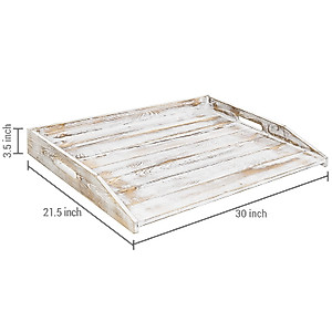 MyGift 30 Inch Extra Large Noodle Board, Shabby White Washed Solid Wood Stove Top Cover with Cutout Handles, Decorative Oversized Kitchen Countertop Serving Tray