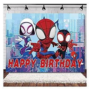 Happy Birthday Theme Red Spider Man Photography Backdrop Cartoon Comics Style Building Scenes Photo Background 5x3ft Children Boys Birthday Party Banner Decors Supplies