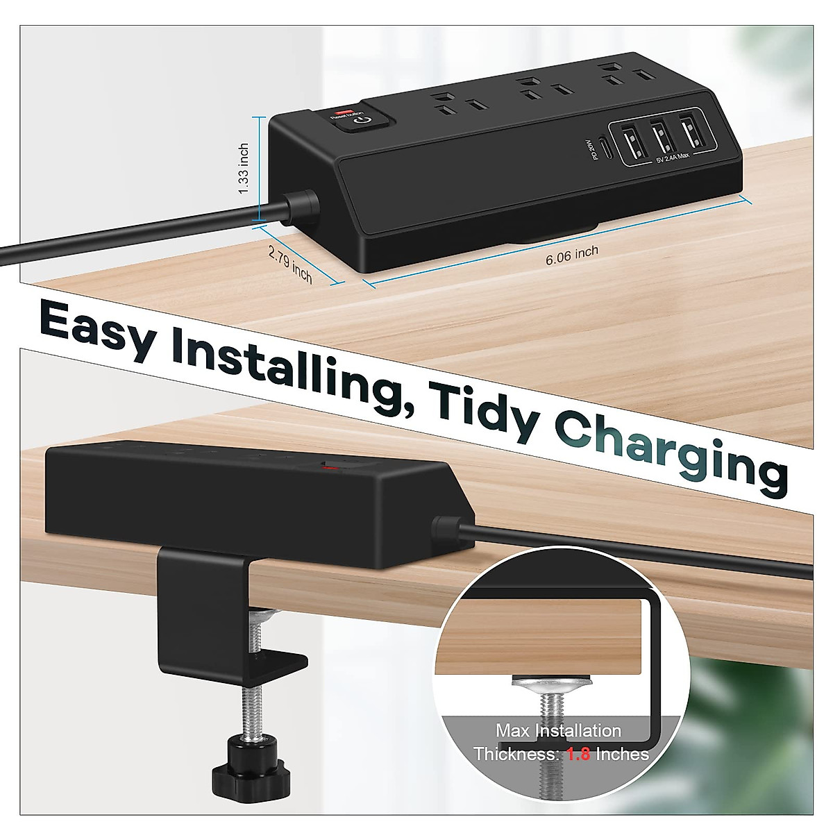 Desk Clamp Power Strip USB C (20W PD Fast Charging) - Desktop Surge Protector with 3 Outlets 4 USB Ports - Edge Mount Power Strip Desk Outlet Station Plug Extender - Phone Office Desk Accessories