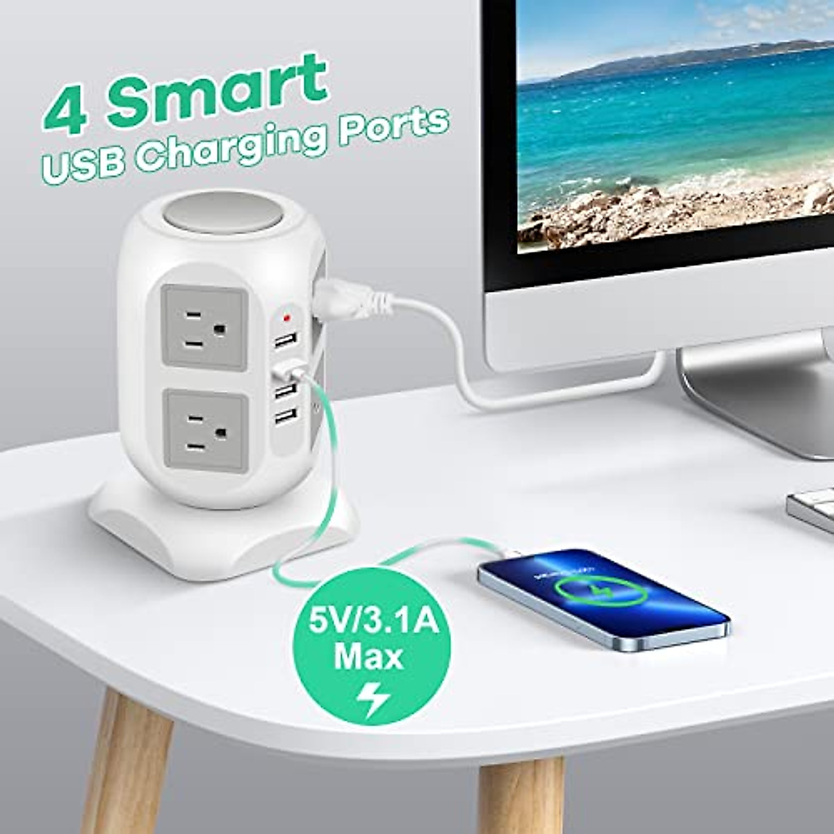Power Strip Tower 15 ft Long Extension Cord - 8 Outlets Power Surge Protector with 4 USB Ports - Multi Plug Outlet Extender - Multiple Outlets Charging Station for Multiple Devices, Phone, Computer