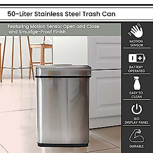 Hanover 50-Liter / 13.2-Gallon Stainless Steel 50 Liter / 13.2 Gallon Hands Free Trash Can Garbage Bin, Fingerprint Resistant, Soft Close, Sensor Lid
