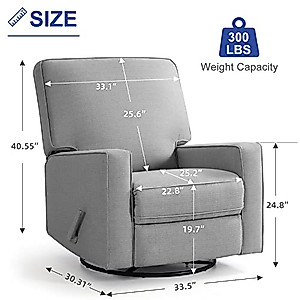 EASELAND Swivel Rocker Recliner Chairs,Large Nursery Glider Chair with Manual Puller,360°Rotation Reclining Glider Chair with Linien Fabric,Modern Lounge Nursery Chair for Living Room,Bedroom (Grey)
