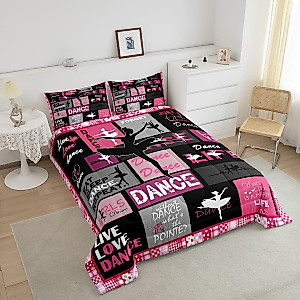 Manfei Dance Comforter Set Queen Size, Ballet Dance Theme Quilt Set with 2 Pillowcases, Ballet Princess Dancer Bedding Set 3pcs for Kids Girls Bedroom Decor, Abstract Art Duvet Insert