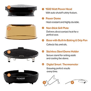 Nuwave Infra-Red Primo Grill Oven, Integrated Smart Thermometer, Nonstick Grill Bottom & Convection Top for Surround Cooking, Cook Fresh or Frozen, Durable Power Dome Included