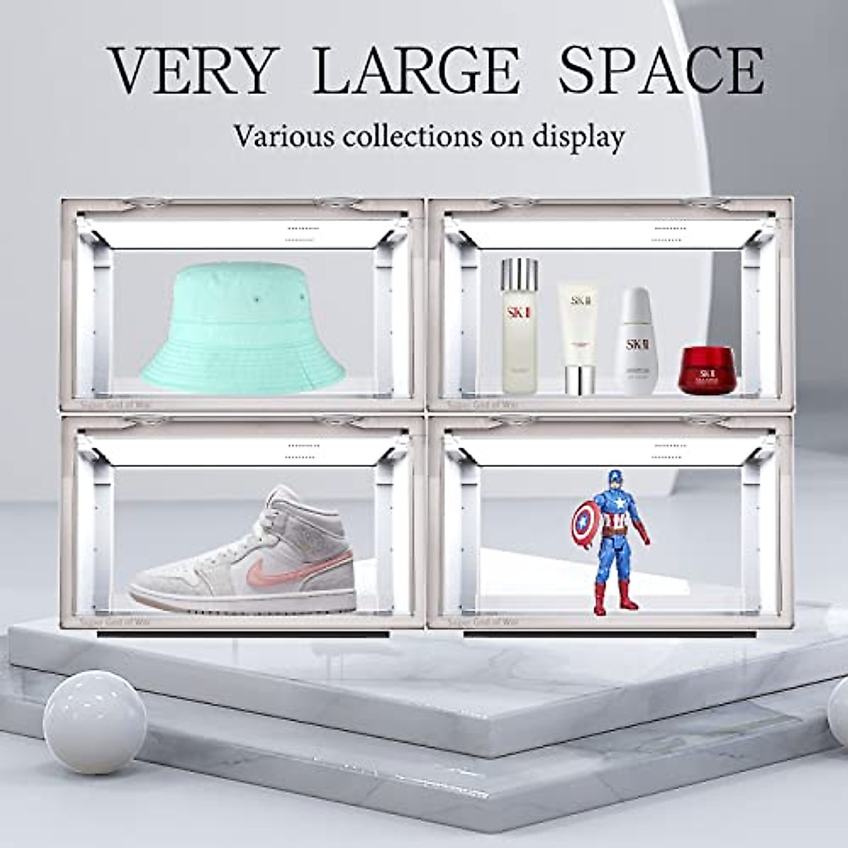 Super God of War Shoe Storage Box - 2 Pack LED Shoe Organizer for Closet - Large Plastic Stackable Shoe Boxes with Magnetic Door - Sneaker Storage Containers for Size 16 - Foldable Shoe Display Case