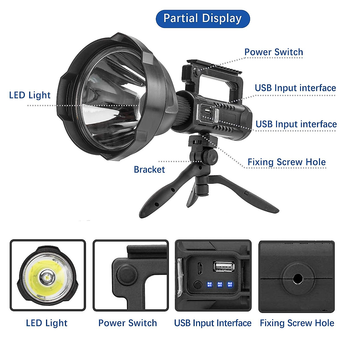 Rechargeable Spotlight, Super Bright 200000 Lumens Led Spot Lights Flashlight 8000 mAh Large Handheld Searchlight Long Lasting for Outdoor Hunting Boating Camping