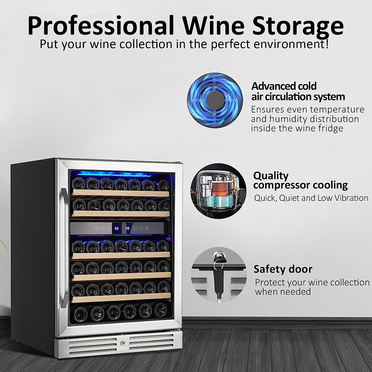Upgraded 24 Inch Wine Cooler Refrigerator, 46 Bottle Dual Zone Wine Fridge, Built in or Freestanding Wine Cooler with Stainless Steel, Low Noise, Glass Door, Safety Lock, Temperature Memory Function