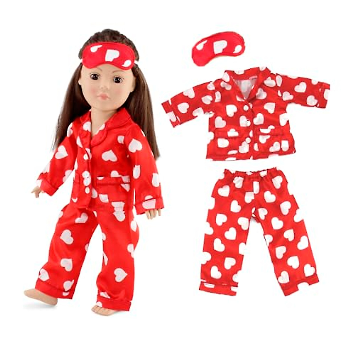 Emily Rose 18 Inch Doll Clothes 3-PC 18-in Doll Red Heart PJ Pajamas Set | Silky 18" Doll PJs Love Gift Set with Matching Eye Mask Accessory | Compatible with Most 18" Dolls | Doll NOT Included