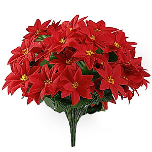 Sggvecsy Artificial Poinsettia Bouquet 7 Heads 5 Pack 15’’ Velvet Poinsettia Bush Christmas Flowers for Porch Home Garden Indoor Outdoor Xmas Decorations (Red)