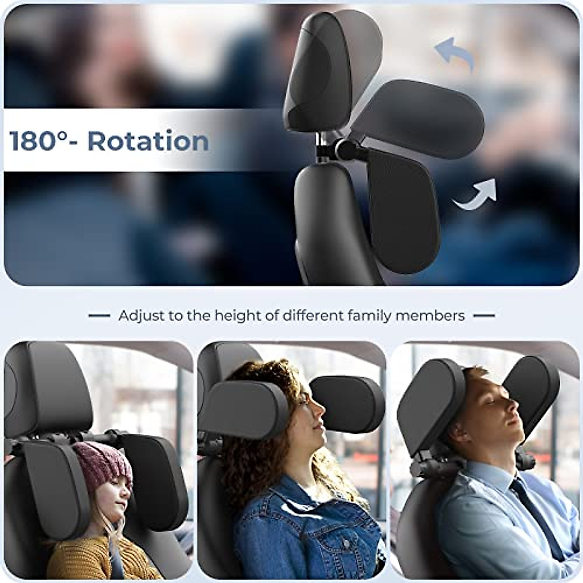 Yoocaa Car Headrest Pillow, Road Pal Headrest, Adjustable Car Seat Head Neck Support, U Shaped Car Sleeping Pillow for Kids & Adults (Black)