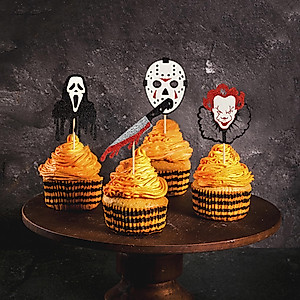 Ercadio Horror Movie Cupcake Toppers, 24pcs Glitter Ghost Picks for Halloween, Birthday Party Cake Decorations Supplies