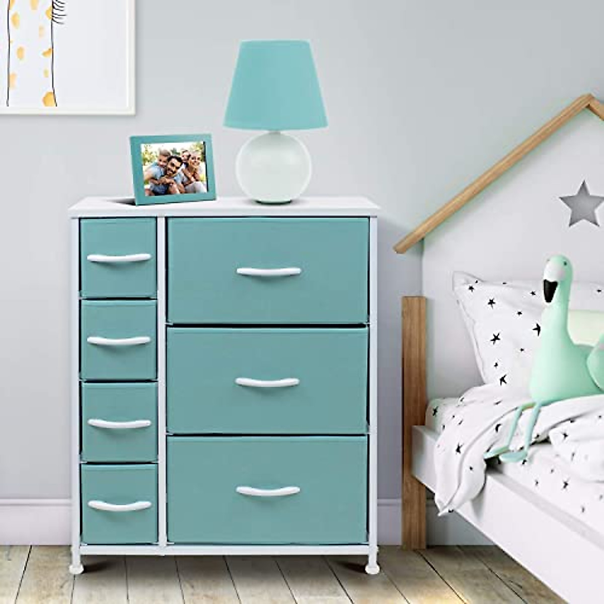 Sorbus Dresser with 7 Drawers - Furniture Storage Chest for Kid’s, Teens, Bedroom, Nursery, Playroom, Clothes, Toys - Steel Frame, Wood Top, Tie-dye Fabric Bins (7-Drawer, Pastel Aqua)