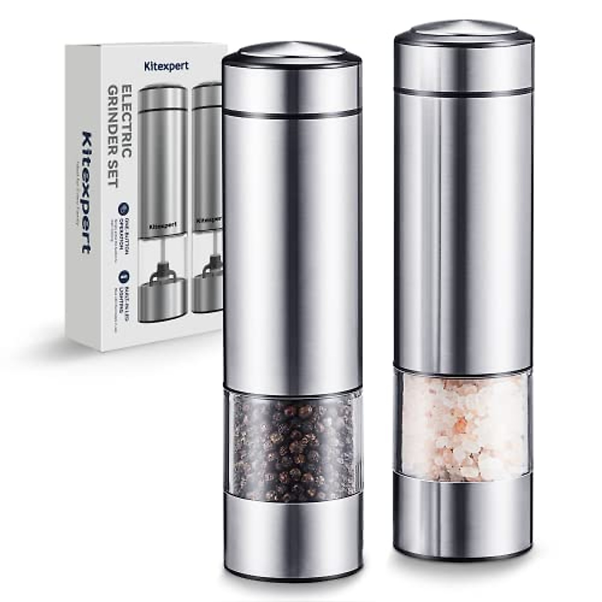Electric Salt and Pepper Grinder Set - Kitexpert Battery Operated Pepper Mill with Light - One Handed Operation with Large Button - Up to 5 Adjustable Grinding Levels