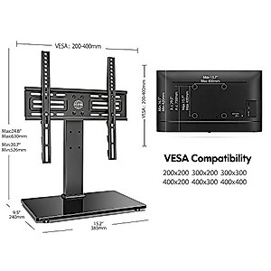 FITUEYES Universal TV Stand Table Top TV Stand for 27-55 inch LCD LED TVS Height Adjustable TV Base with Tempered Glass Base Wire Management VESA 400x400mm Holds up to 88 Pounds